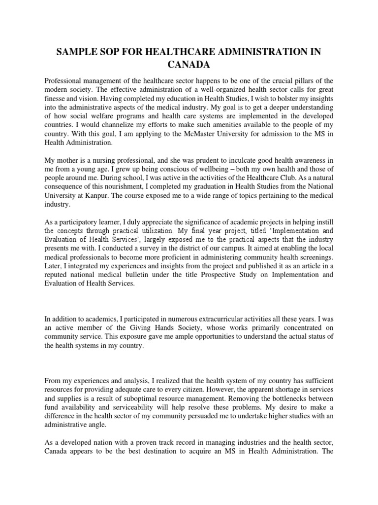 Sample SOP For Healthcare Administration in Canada | PDF | Health Care ...