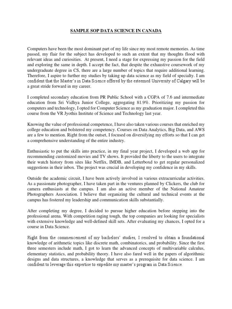 SOP Sample For Data Science in Canada | PDF | Mathematics | Science