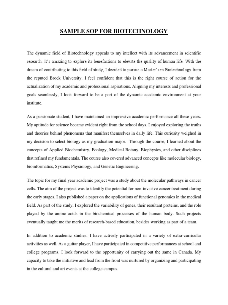 Sample SOP For Biotechnology in Canada | PDF | Biotechnology | Biochemistry