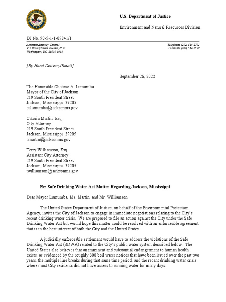 DOJ Notice Letter 9.26.22 | PDF | Water Supply | Federal Government Of ...