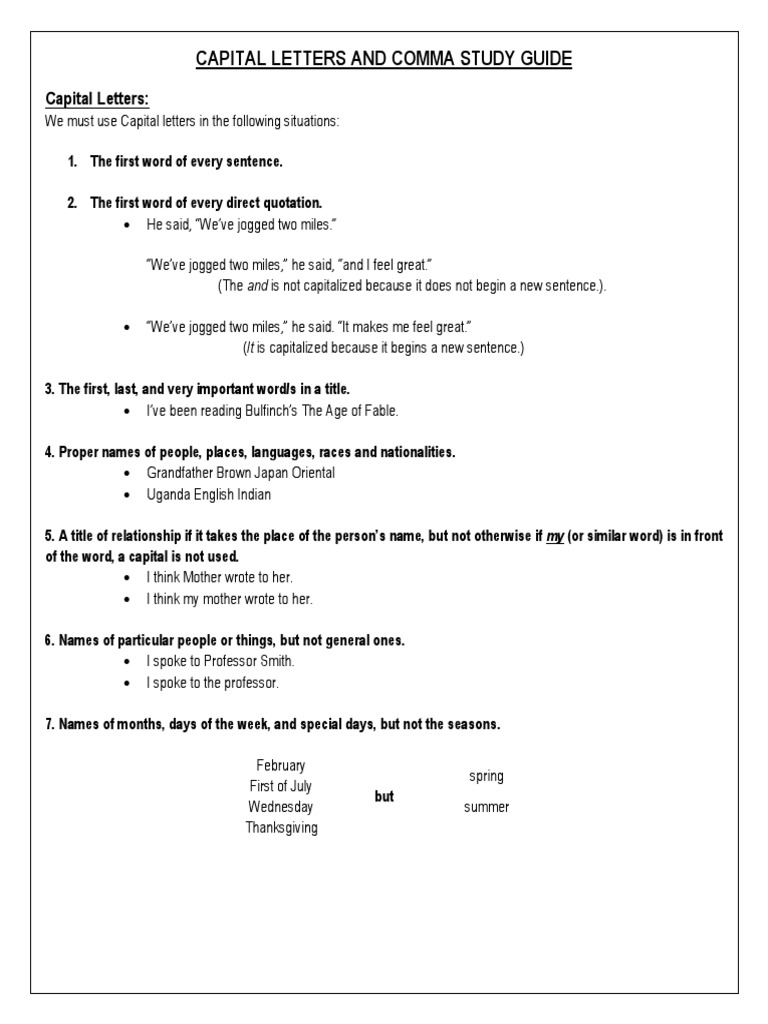 Capital Letters and Comma Study Guide | Download Free PDF | Comma ...