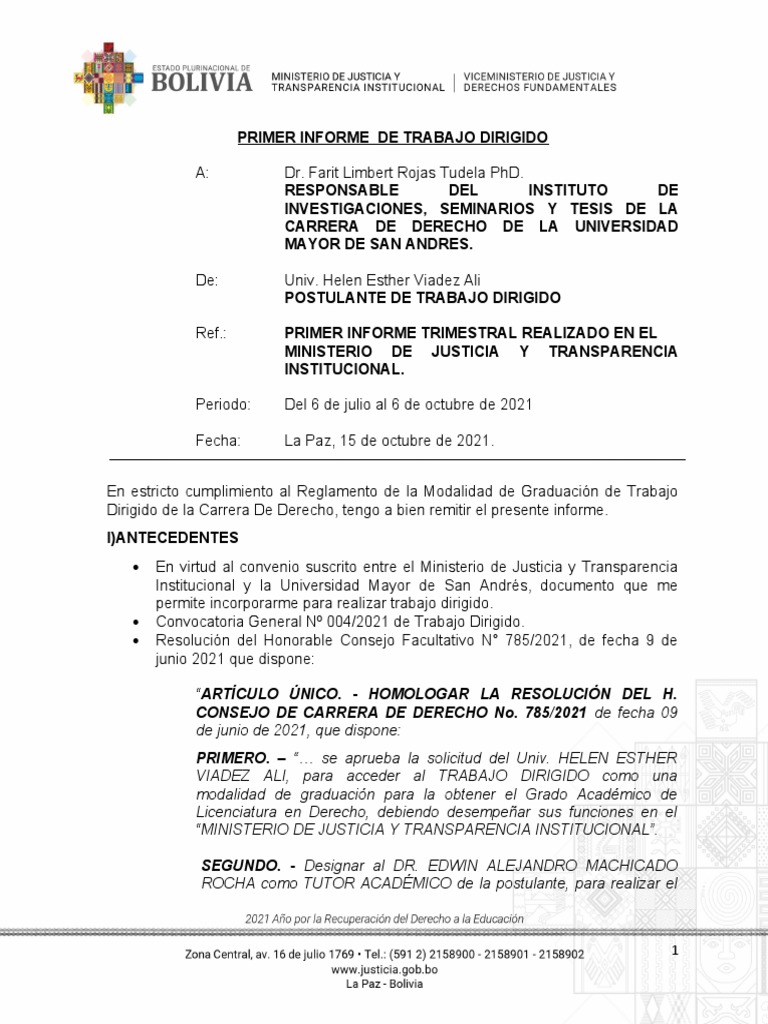 Informe Helen Trimestral | PDF | Ministerio (Departamento de Gobierno) | Bolivia