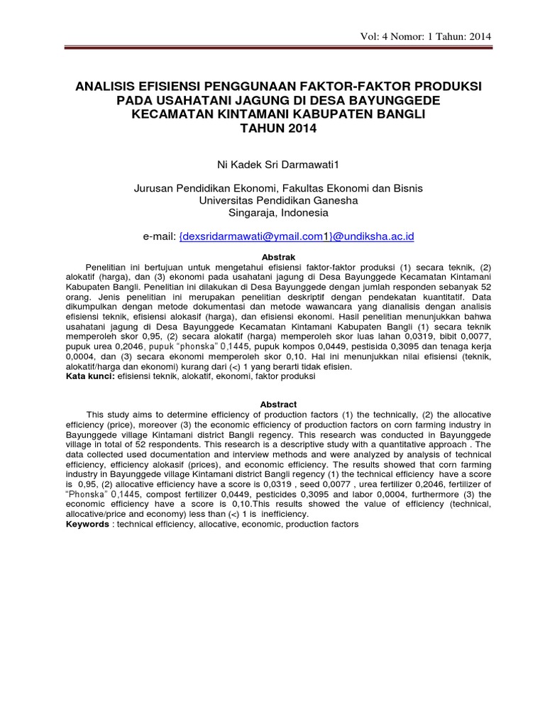 5316 ID Analisis Efisiensi Penggunaan Faktor Faktor Produksi Pada Usahatani Jagung Di de | PDF