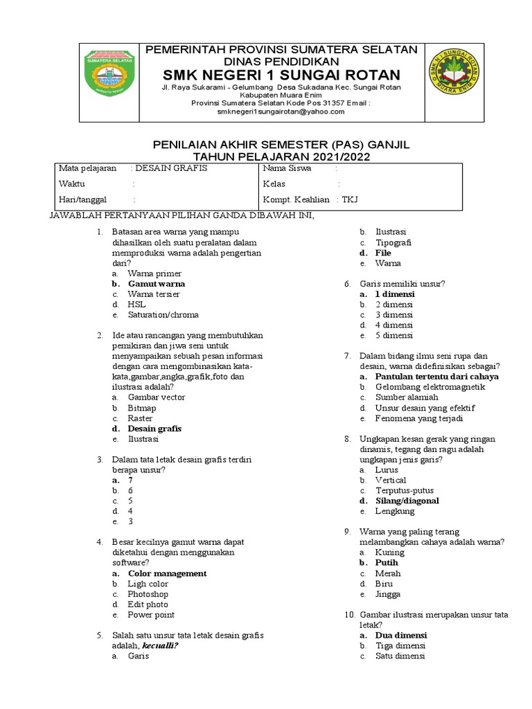 SOAL PAS DESAIN GRAFIS X Semseter 1 | PDF