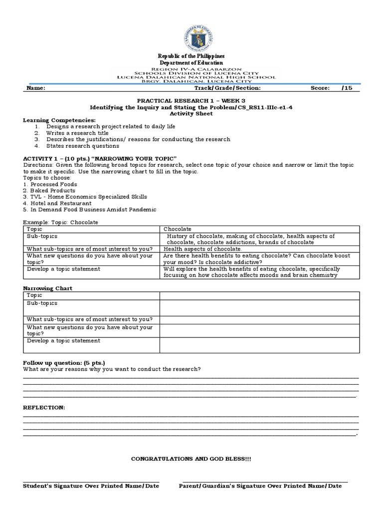 PR1 Activity Sheet Wk3 | PDF | Chocolate | Cognition