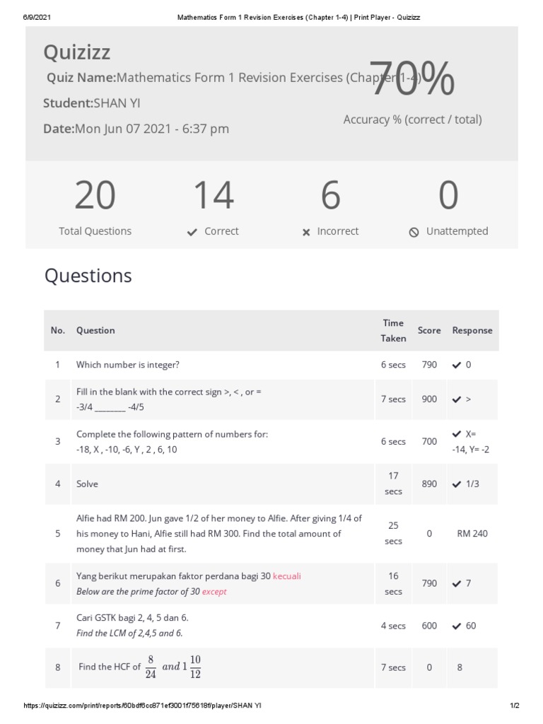 Math Form 1 Revision Quiz (Ch. 1-4) | PDF | Arithmetic | Mathematics