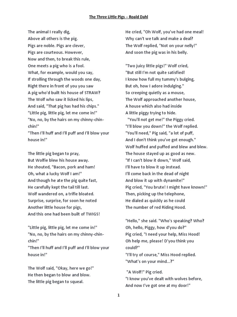 Roald Dahl's Three Little Pigs Poem | PDF | Pork