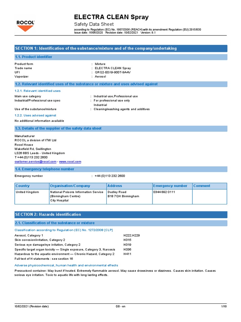 Electra Clean Spray Safety Data Sheet | PDF | Toxicity | Firefighting