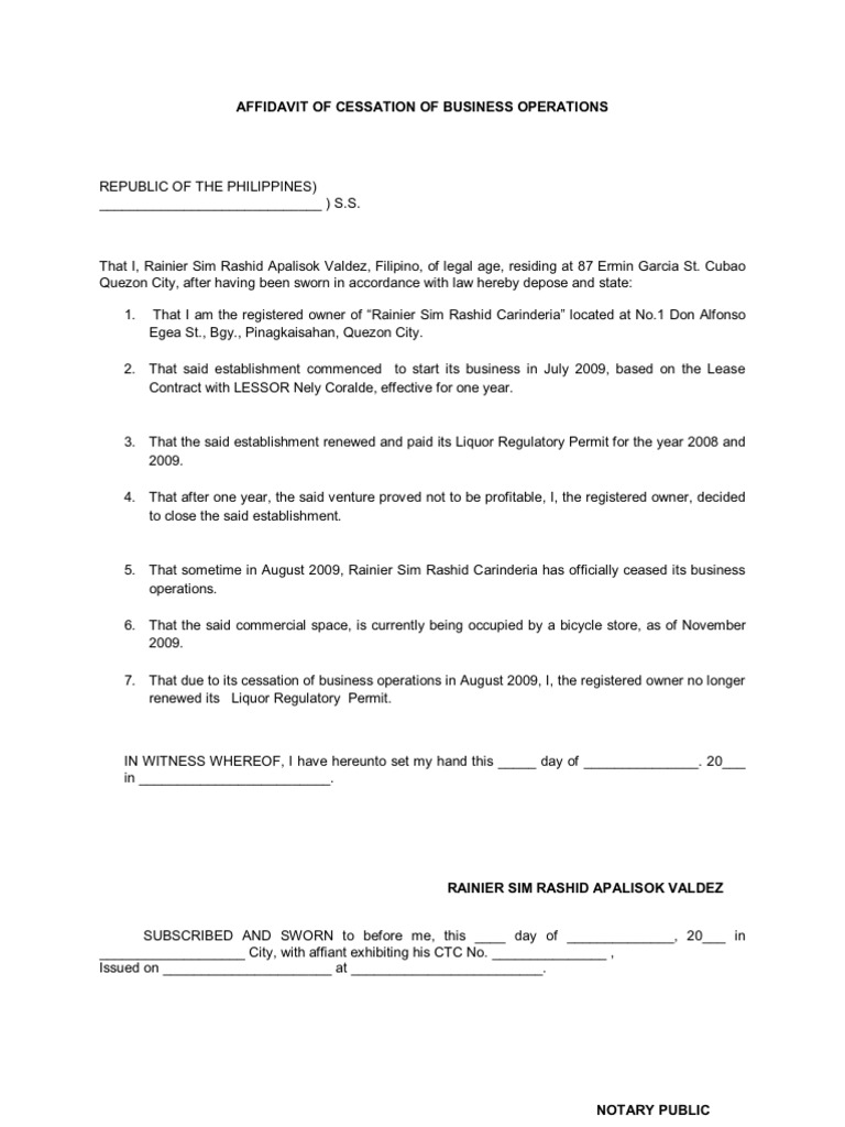 Cessation of Business Operations | PDF | Affidavit | Civil Law (Common Law)