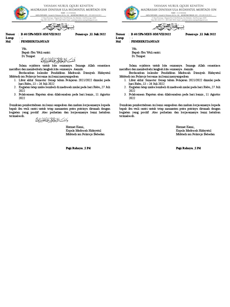 Surat Pemberitahuan Libur | PDF