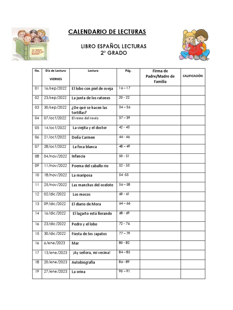 Calendario de Lecturas 2 de Primaria | PDF