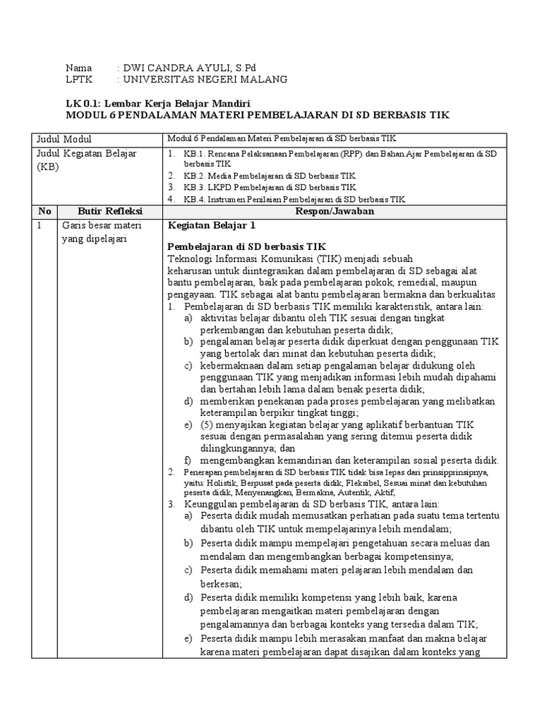 LK 0.1 Modul 6 Pembelajaran Berbasis Tik - Dwi Candra Ayuli, S.PD | PDF