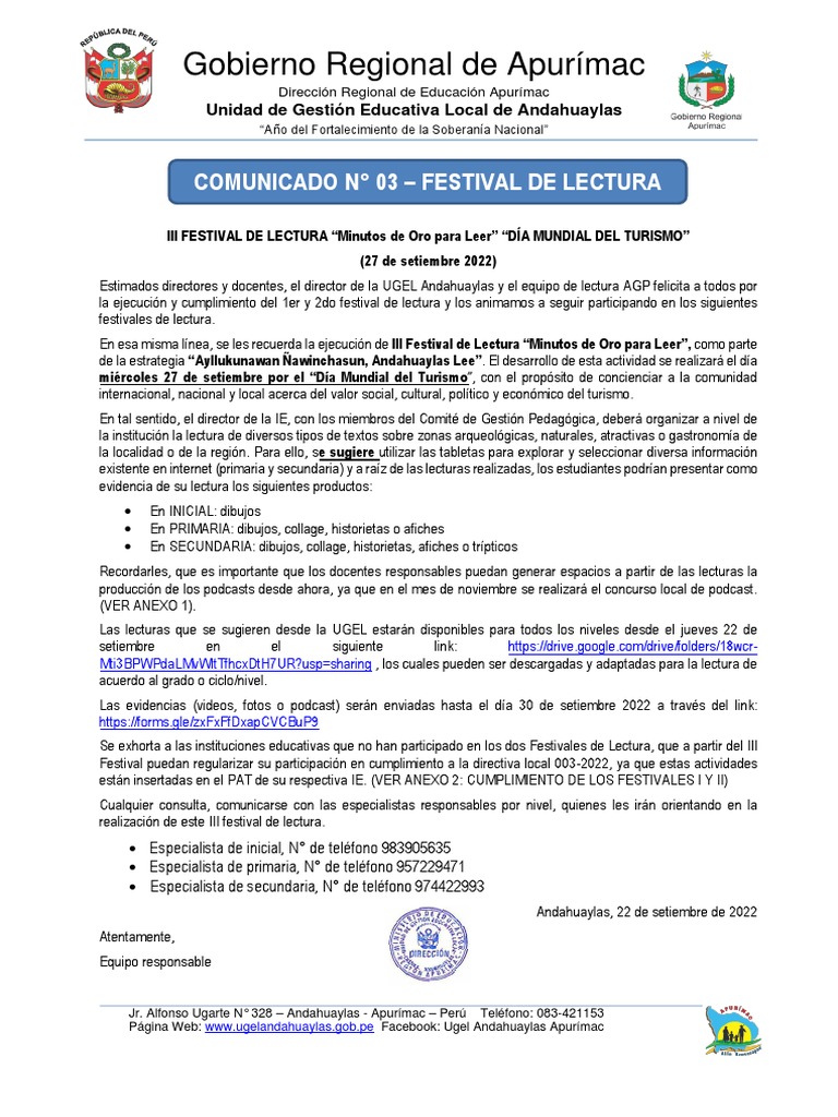 Comunicado III Festival de Lectura - 27 de Setiembre - 2022 | PDF | Podcast