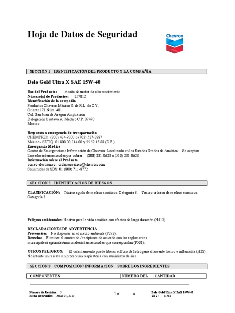 Hoja de Seguridad Delo Gold Ultra X 15W40 | PDF | Agua | Solubilidad