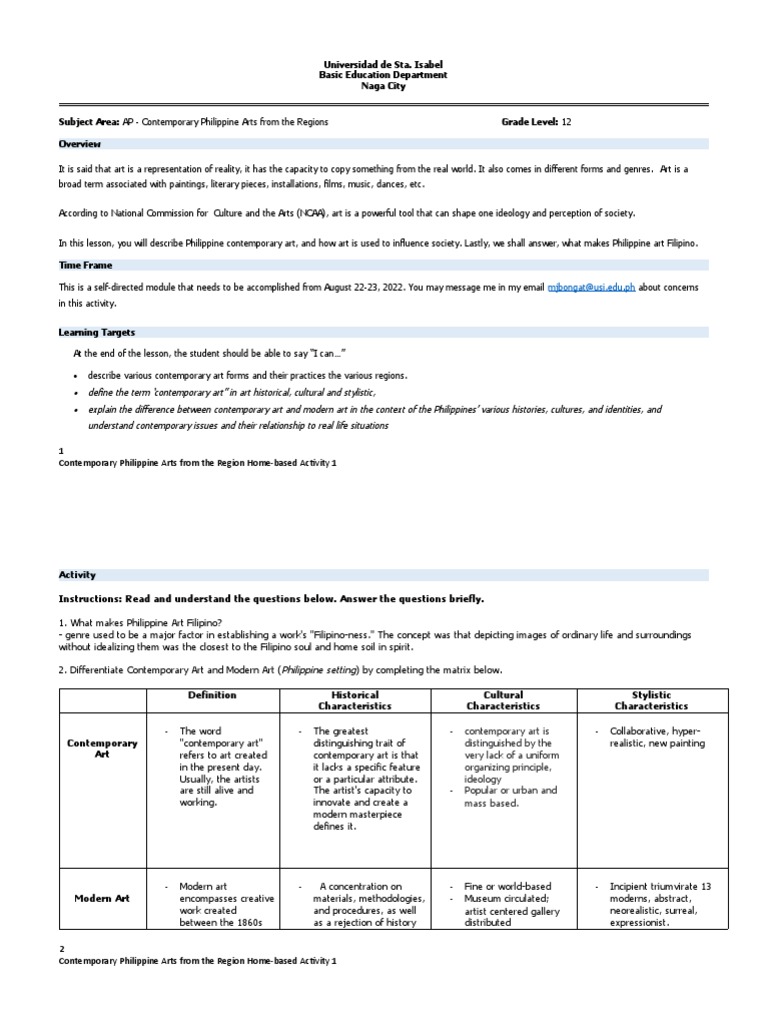 Week 1 Contemporary Home-Based Activity 2 | PDF | Contemporary Art | Modern Art