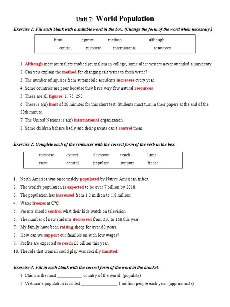 Unit 7 (Vocabulary Exercises) | PDF | Human Overpopulation | Population