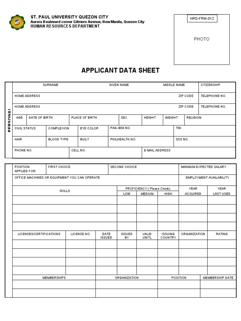 Applicant Data Sheet | PDF | Human Resource Management | Employment