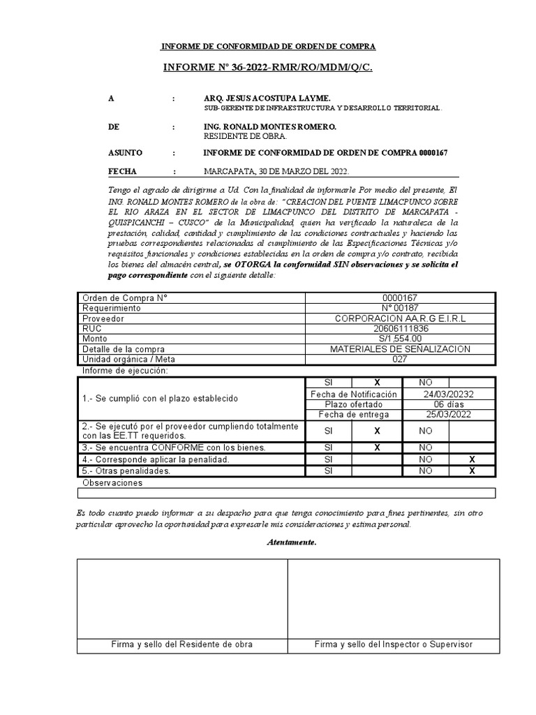 1 Modelo de Informe de Conformidad de Orden de Compra | PDF