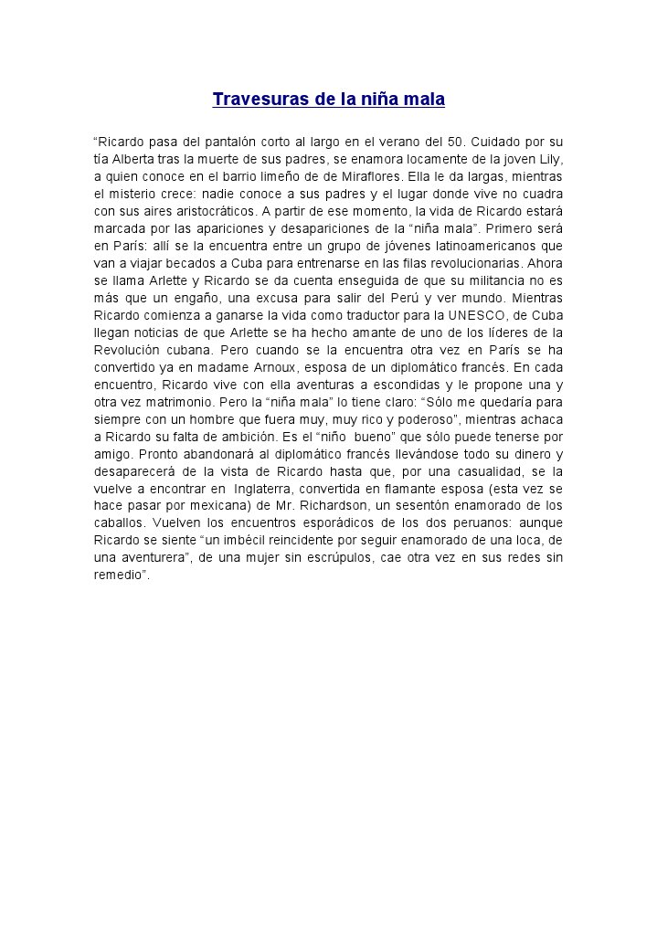 Travesuras de la niña mala: Resumen y análisis | PDF | Clásicos