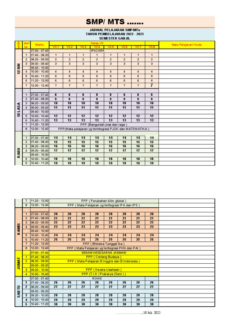 Jadwal Pelajaran SMP - Ganjil 2022 - 2023 | PDF