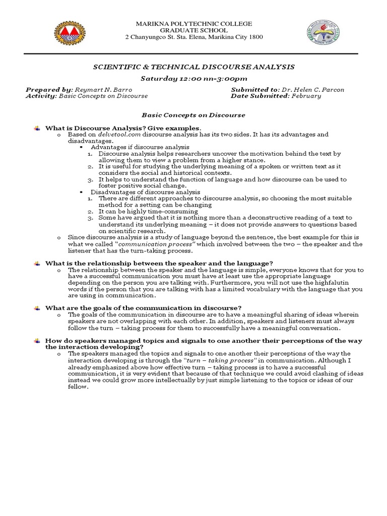 Activity #1 - Basic Concepts On Discourse | PDF | Discourse | Communication
