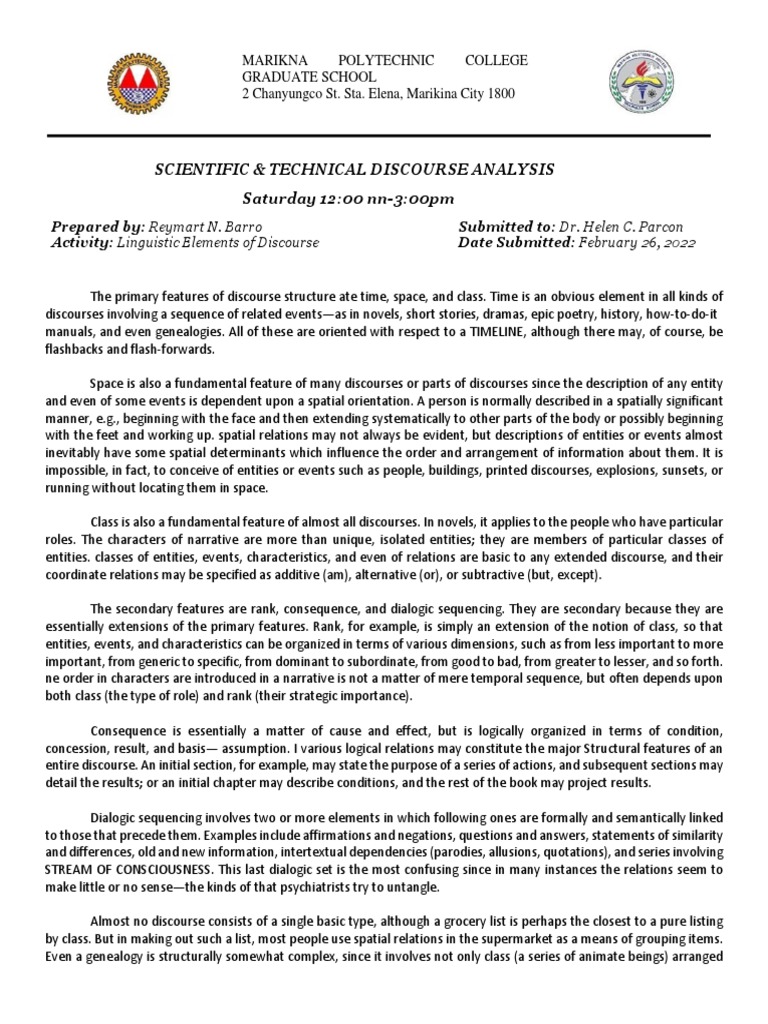 Activity #2 - Linguistic Elements of Discourse | PDF | Causality ...