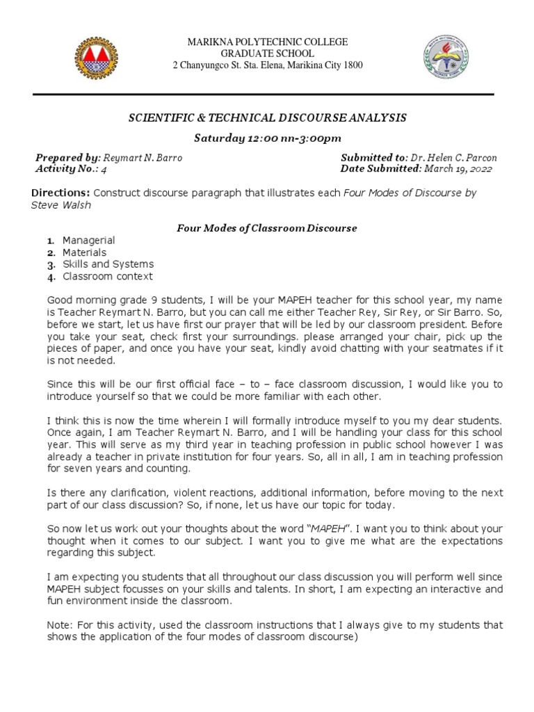 Activity #4 - Example Paragraph of The Four Modes of Classroom ...