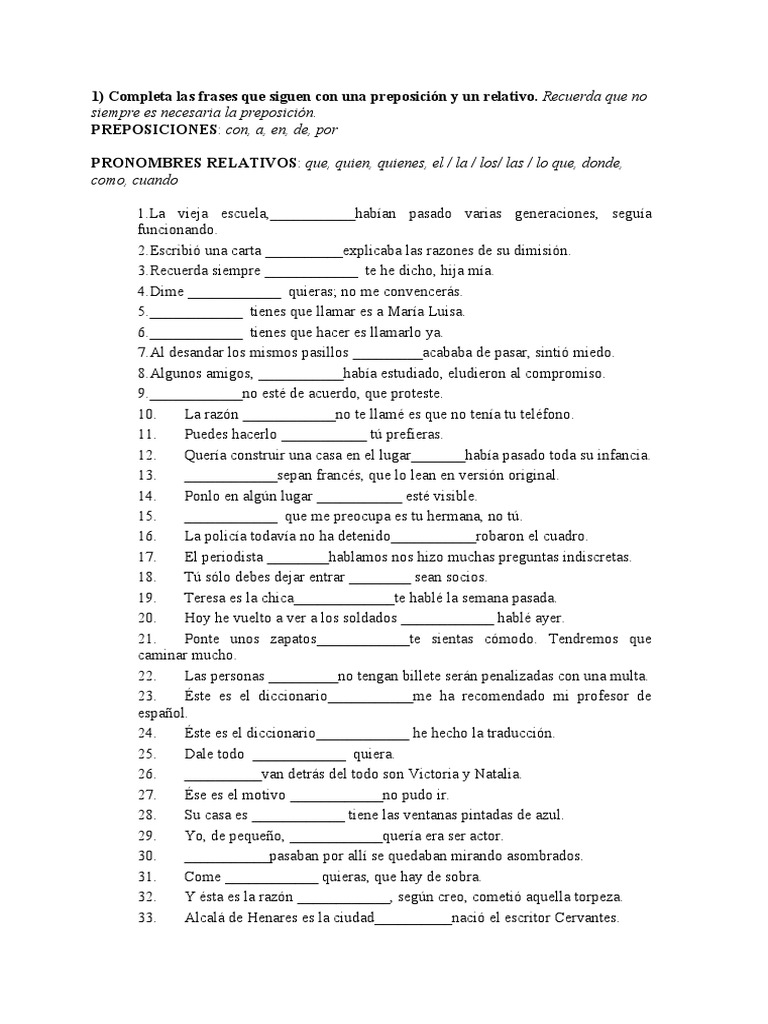 Ejercicios de Pronombres Relativos | PDF | Lingüística | Sintaxis