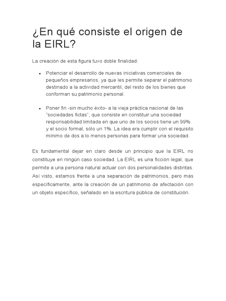 En Qué Consiste El Origen de La EIRL | PDF | Negocios | Derecho