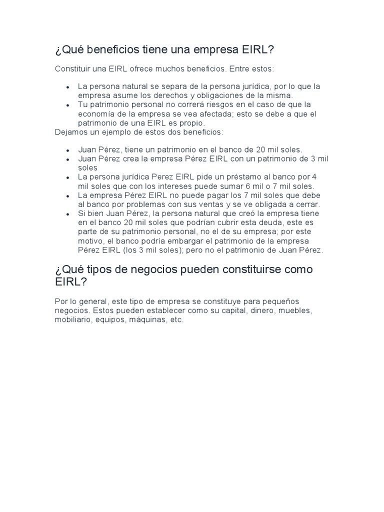 Qué Beneficios Tiene Una Empresa EIRL | PDF