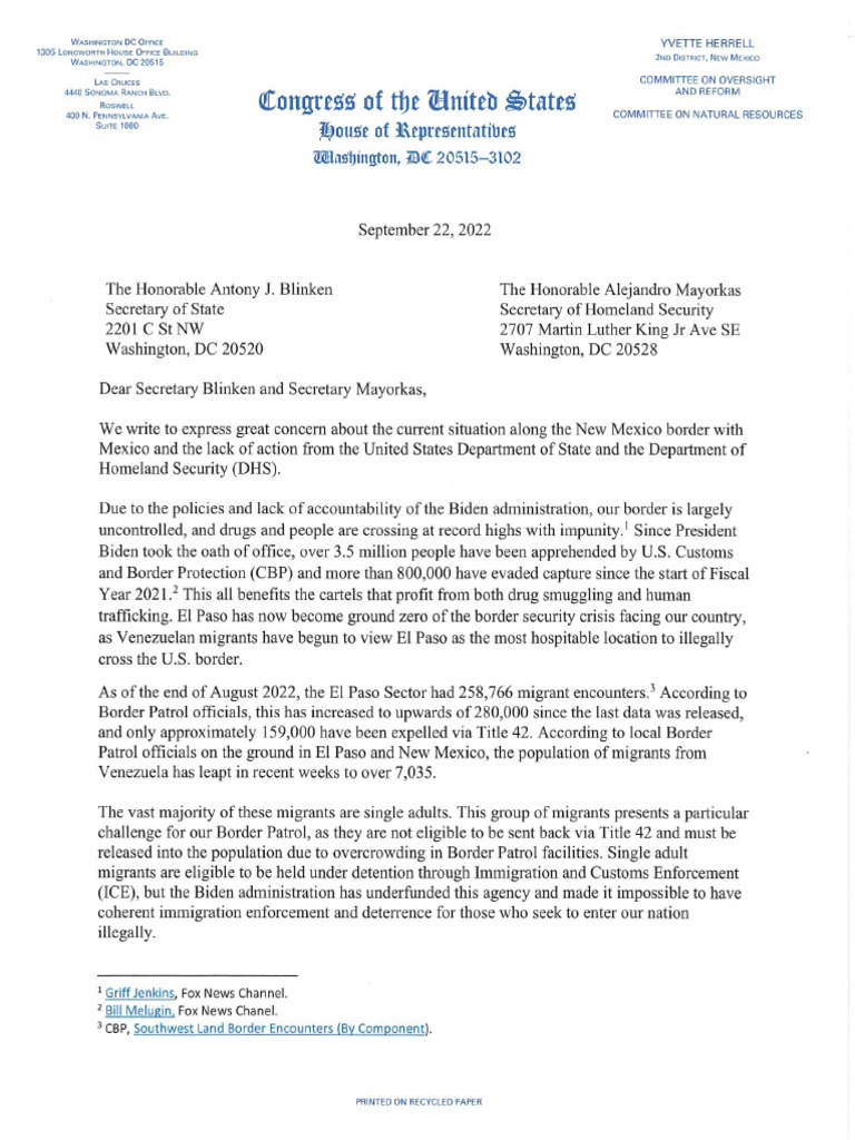 GOP Letter To DHS On Venezuelan Migration | PDF