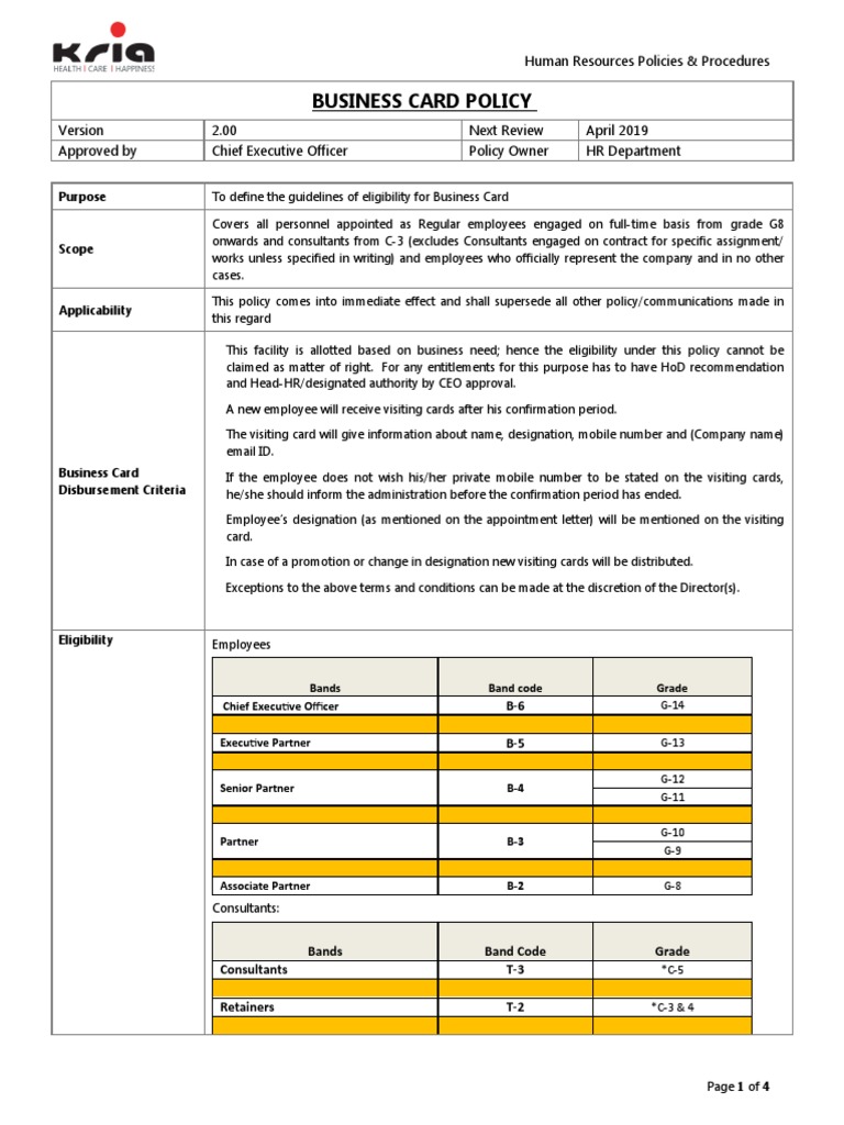 Employee Business Card Issuance Policy | PDF | Cheque | Employment