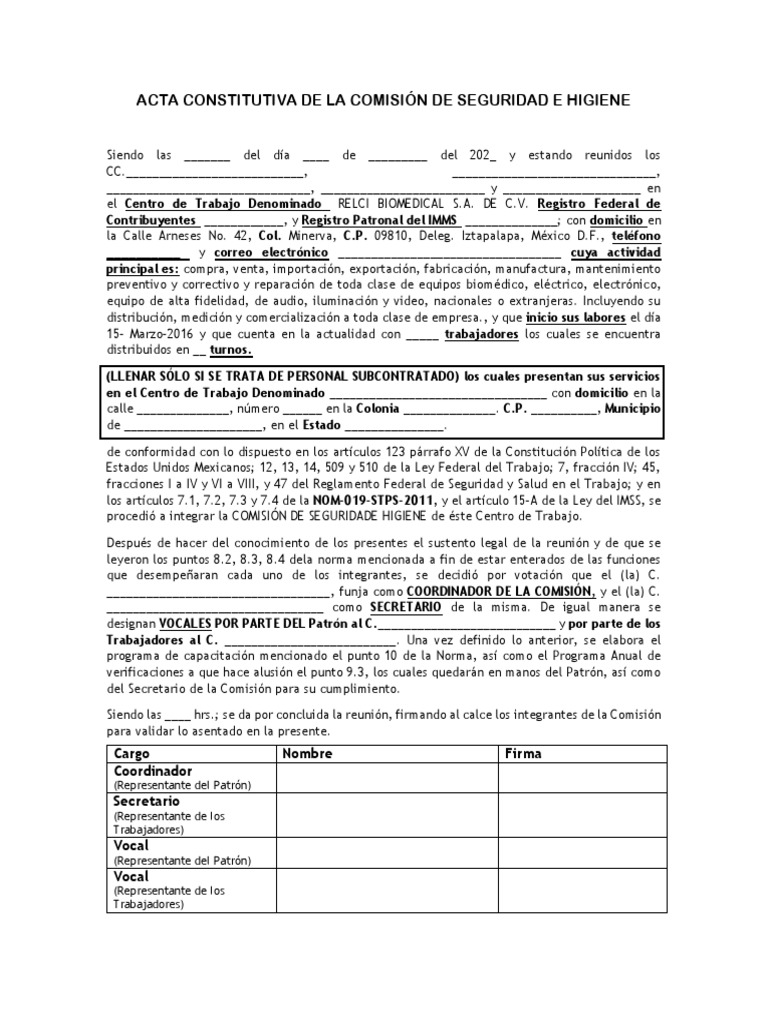 Acta Constitutiva de La Comisión de Seguridad e Higiene | PDF