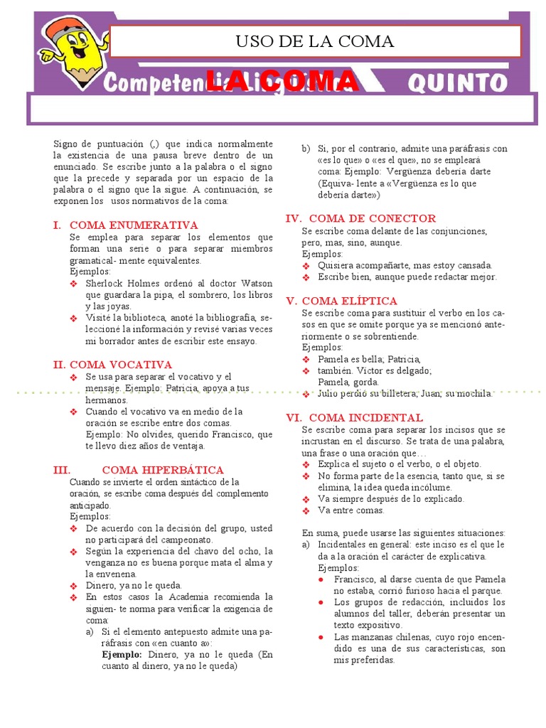 La Coma para Quinto Grado de Secundaria | PDF | Coma | Mecánica del lenguaje