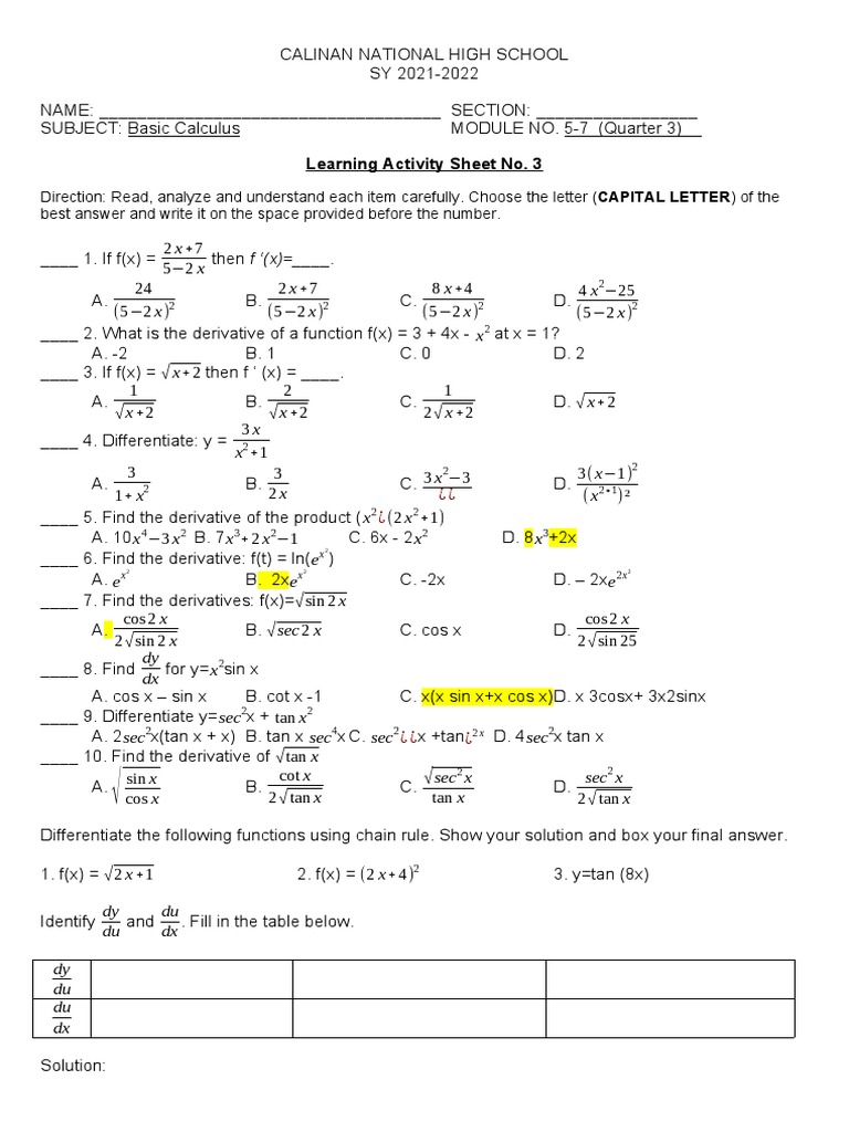 Las 3 Quarter 3 Basic Cal | PDF | Trigonometric Functions | Derivative