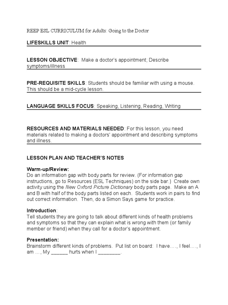 Reep Esl Curriculum For Adults Going To The Doctor | PDF | English As A ...