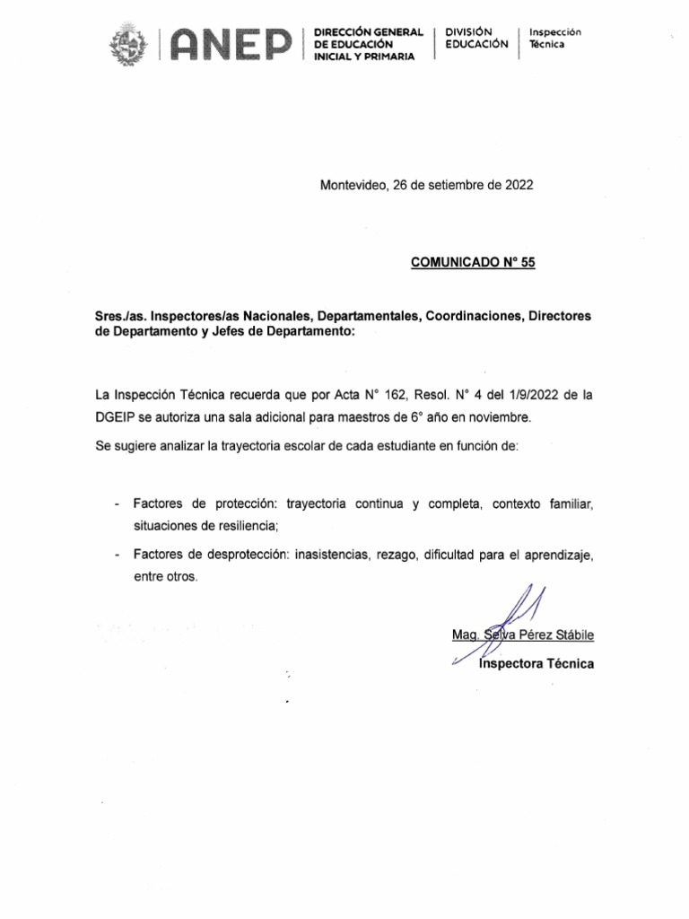 Comunicado #55 - Sala Docente para Maestros de 6to. Año - Noviembre | PDF