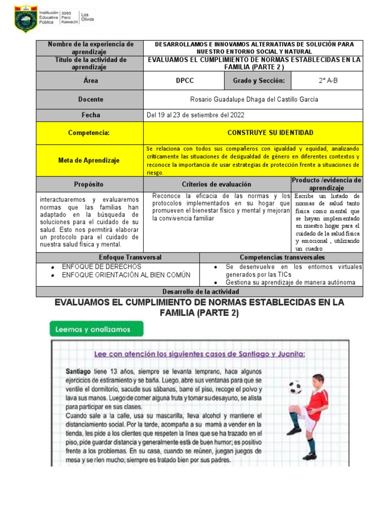 Actividad de La Experiencia de Aprendizaje 6 de 2do Semana 2 2022. | PDF | Aprendizaje ...