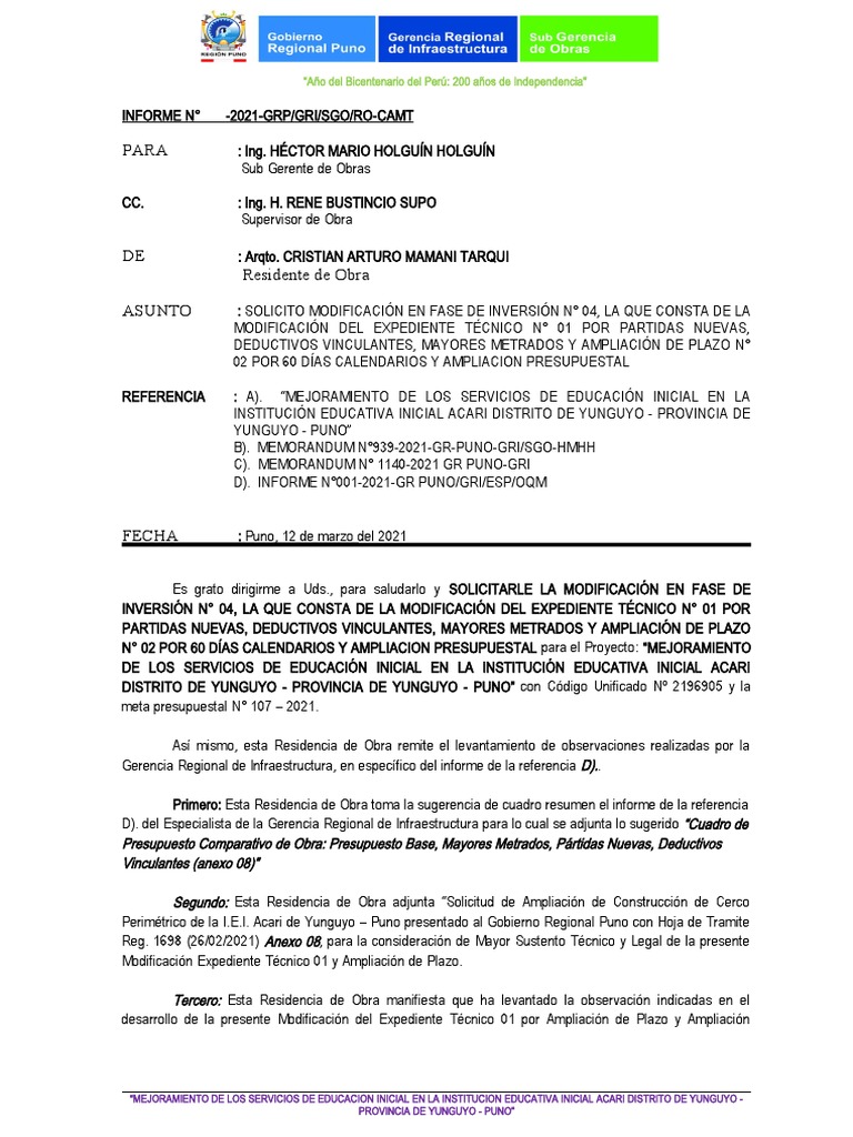 INFORME #079 AMPLIACION DE PLAZO y AMPLIACION PRESUPUESTAL #02 CRYZO | PDF | Presupuesto ...