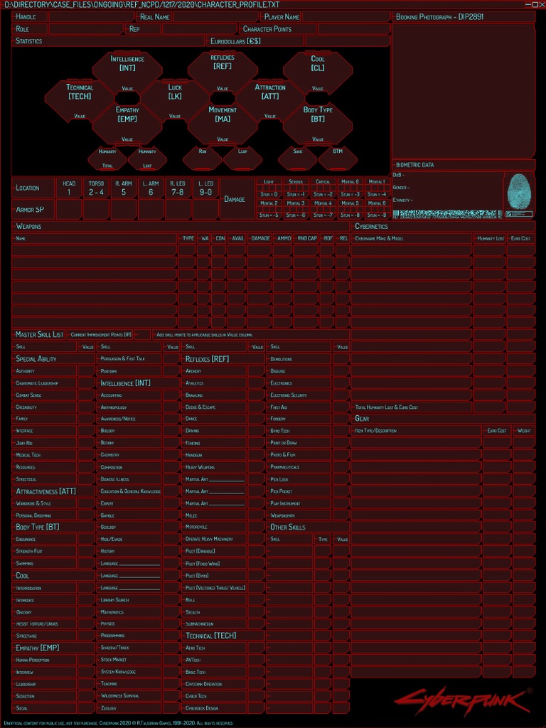 Cyberpunk 2020 Character Sheet Coloured | PDF