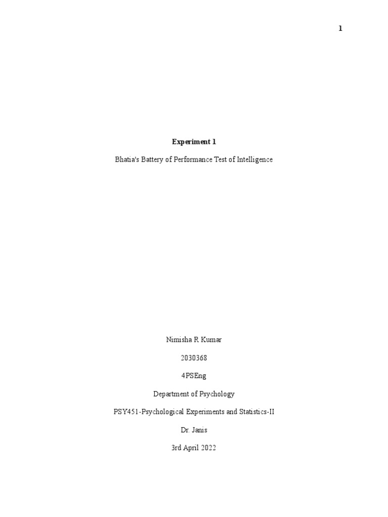 Bhatia's Battery of Intelligence Report | PDF | Intelligence Quotient | Intelligence
