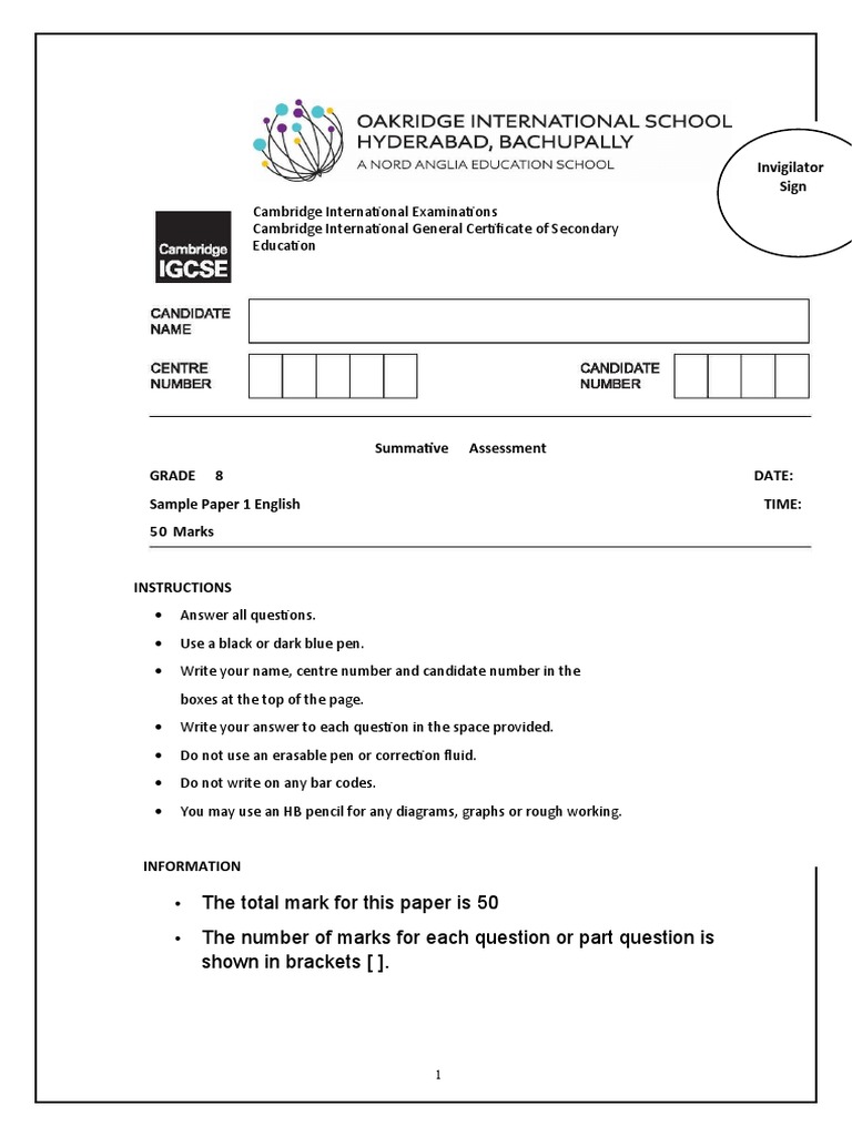 CAIE Eng Paper 1 - GR 8 SAMPLE | PDF | Ellipsis | Linguistics