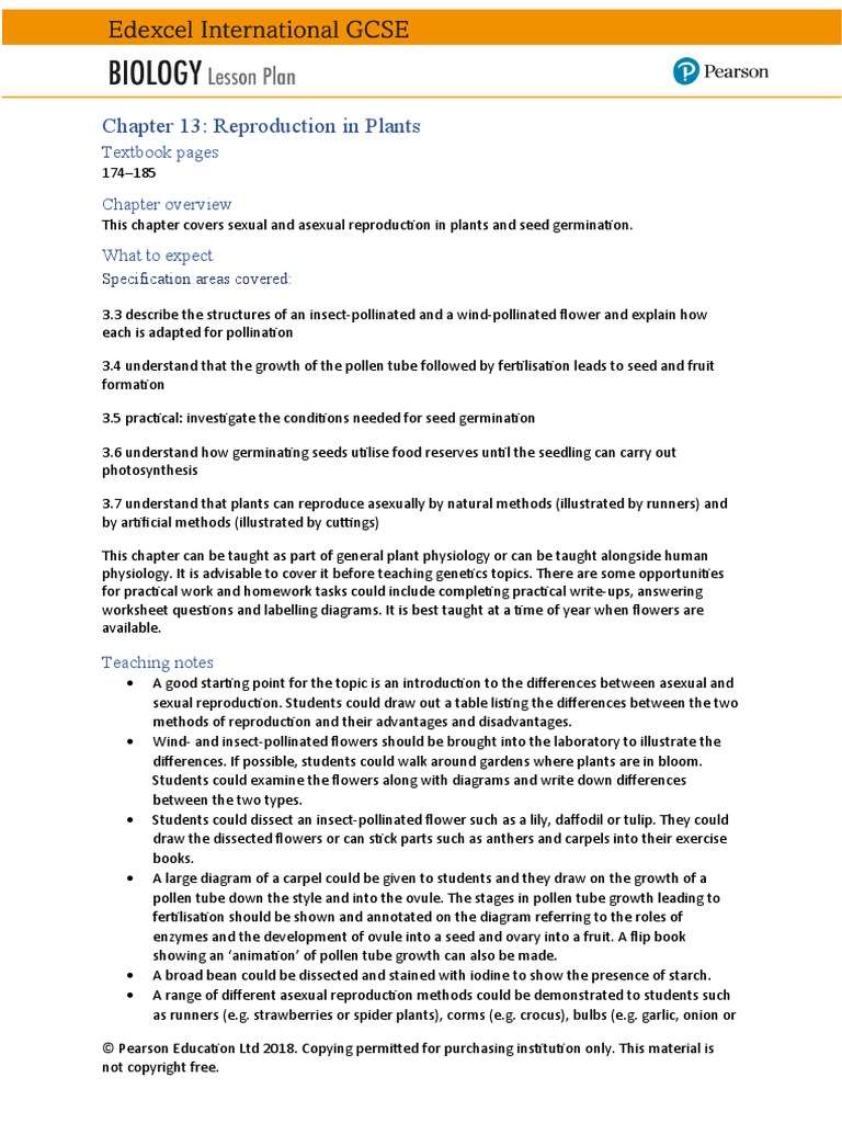 IGCSE - Bio - Lesson Plan 13 - Reproduction in Plants | PDF | Flowers | Seed