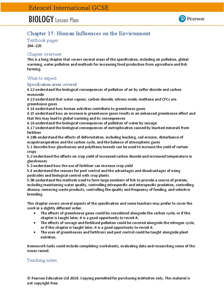 IGCSE - Bio - Lesson Plan 15 - Human Influences On The Environment ...