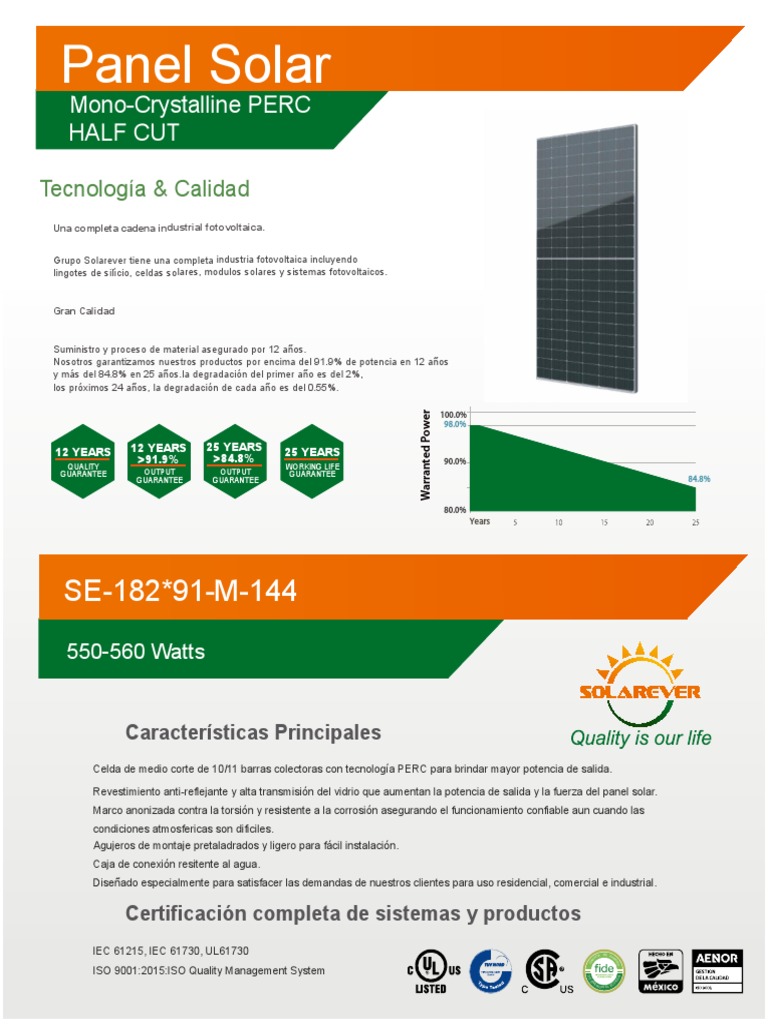 Ficha Técnica Panel Solar 550W PERC | PDF | Panel solar | Fotovoltaica