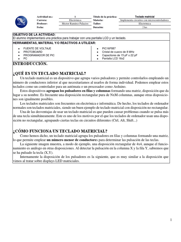 Pract 8 Micros 2021 Teclado Matricial | PDF | Teclado | Electrónica
