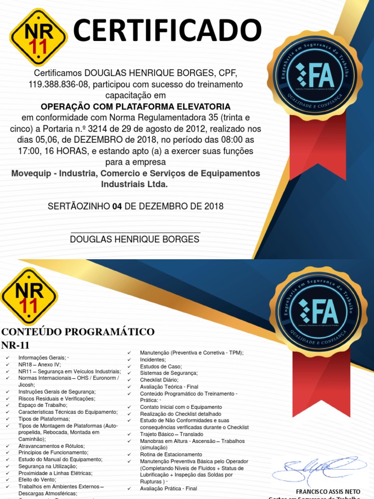 Certificado NR 11 Douglas 05.12 | PDF