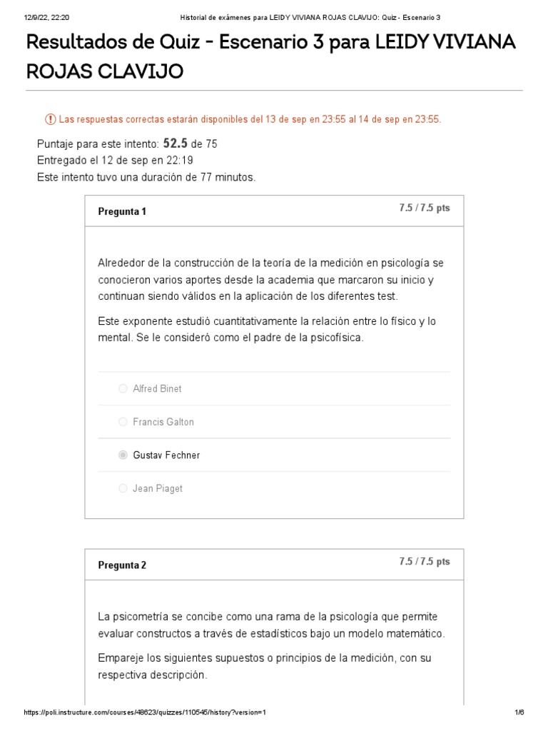 Historial de Exámenes para LEIDY VIVIANA ROJAS CLAVIJO - Quiz - Escenario 3 | PDF | Psicometría ...