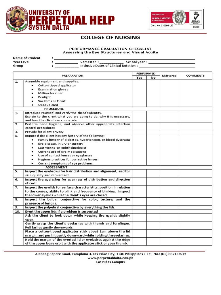 Eye Assessment Performance Checklist | PDF | Human Eye | Facial Features