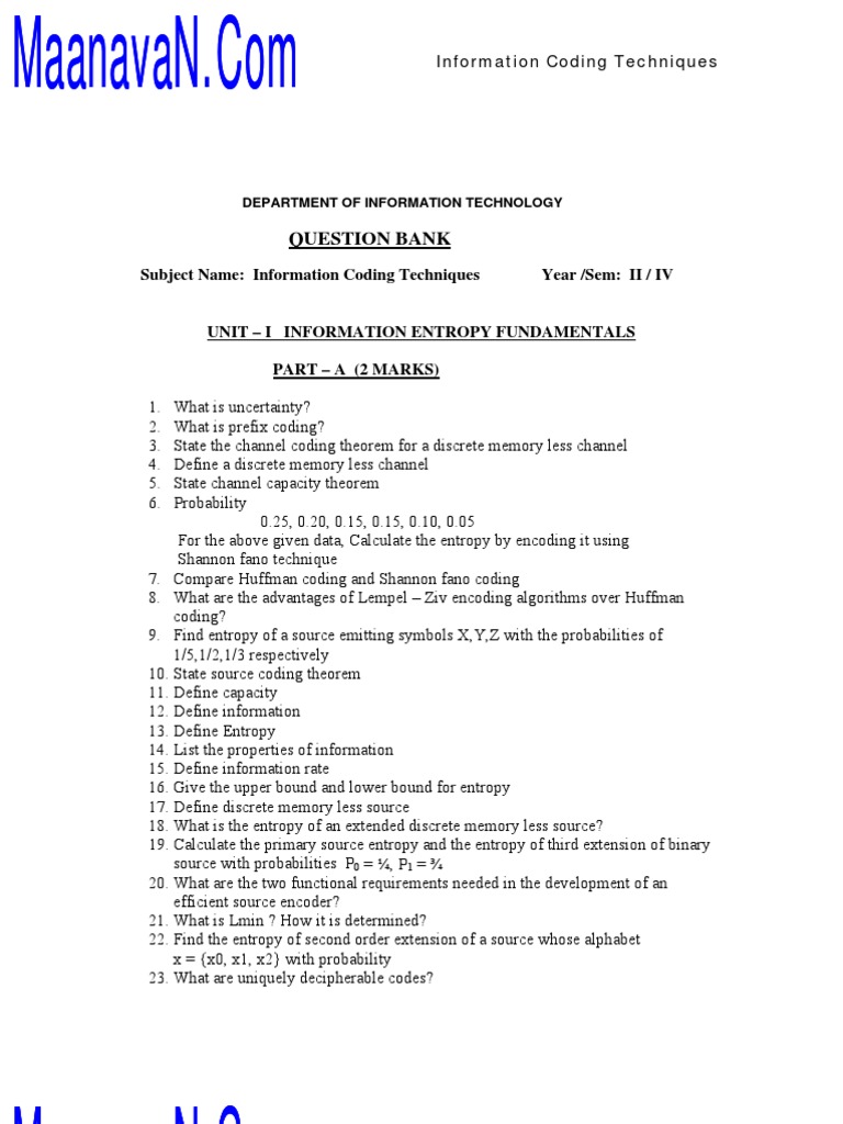 Question Bank: Information Coding Techniques | PDF | Data Compression ...